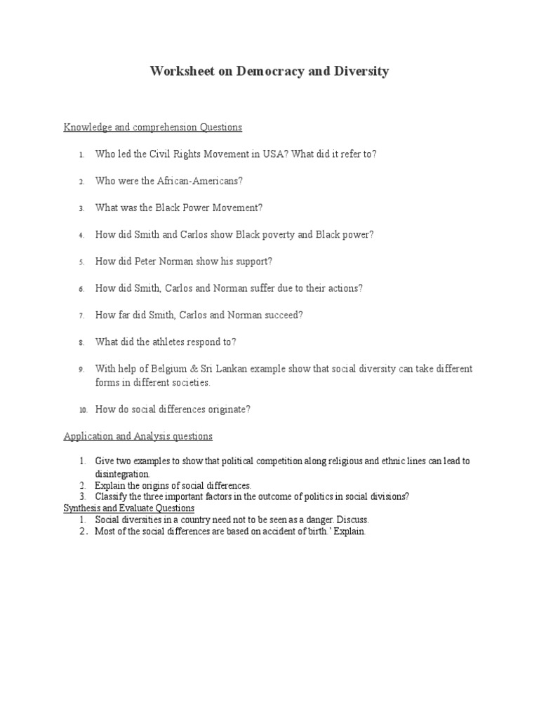 Democracy and Diversity Worksheet | PDF