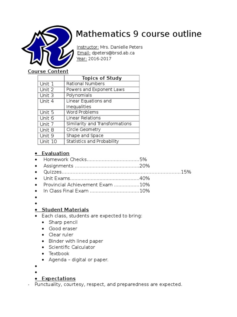 Math 9 Course Outline | PDF | Homework | Ellipsis