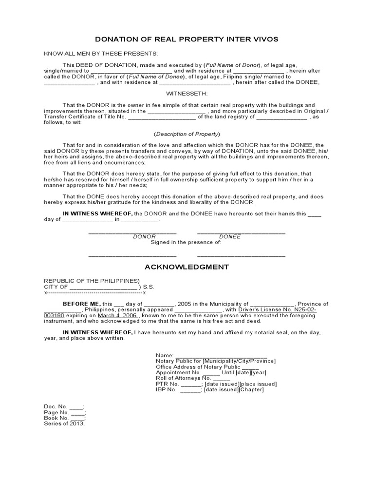 Donation of Real Property Inter Vivos: Donor Donee | PDF