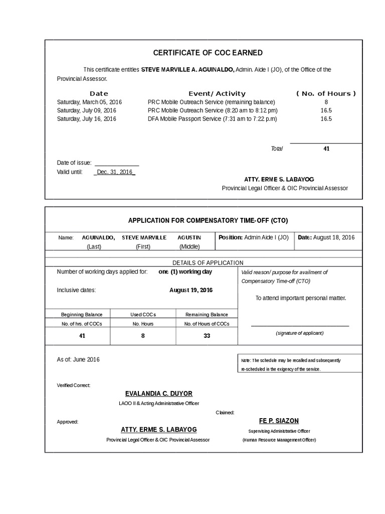 Certificate of COC Earned for CTO | PDF