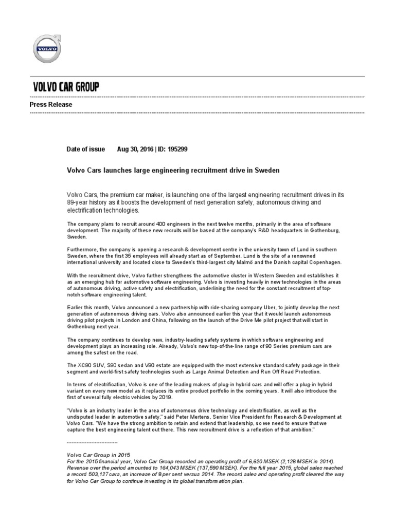 Volvo Cars Launches Major Engineer Recruitment | PDF | Car | Plug In Hybrid