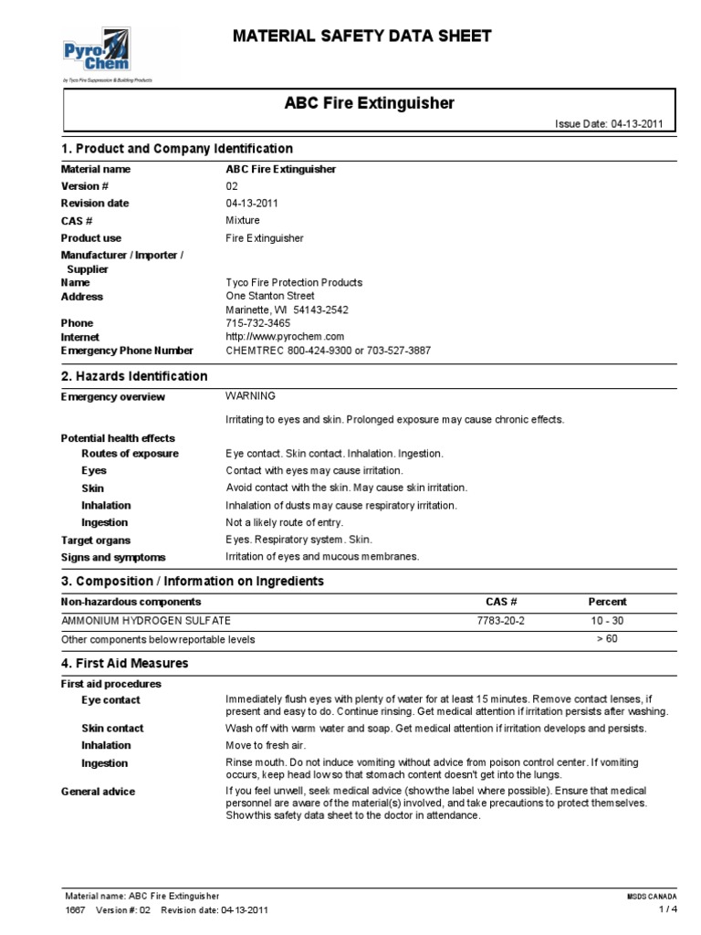 ABC Fire Extinguisher Msds Final PDF | PDF | Dust | Firefighter
