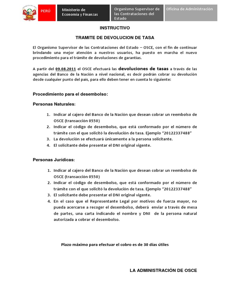 Instructivo Devolucion de Tasa - OSCE PDF | PDF