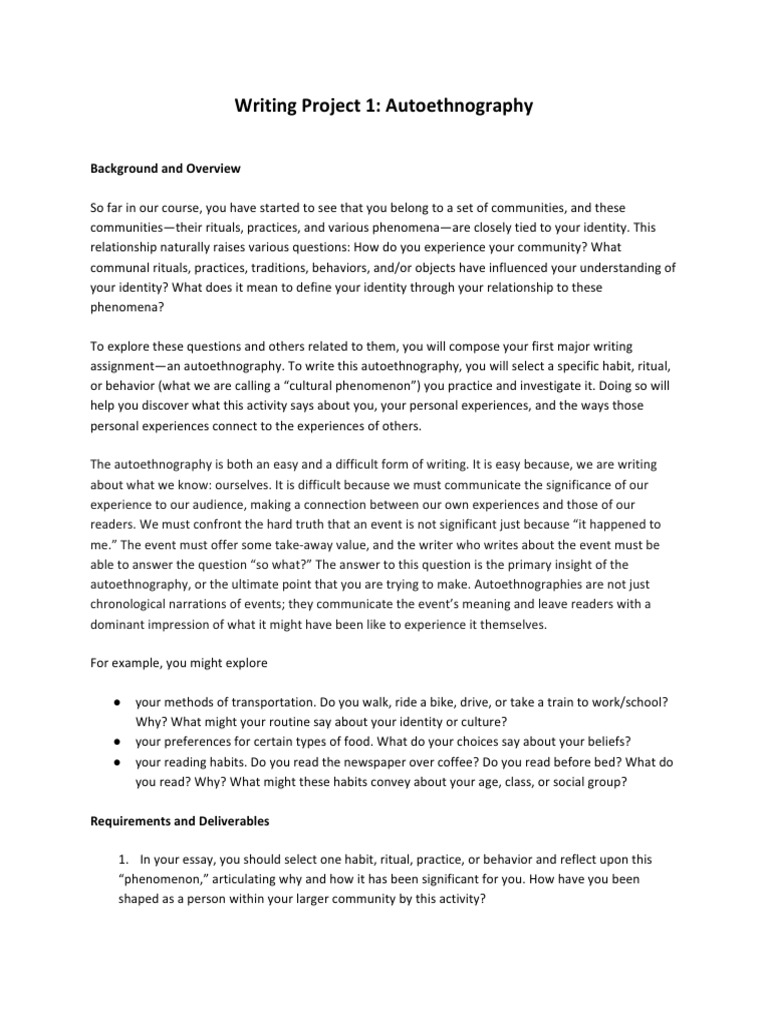 Autoethnography Writing Project Guide | PDF | Identity (Social Science ...