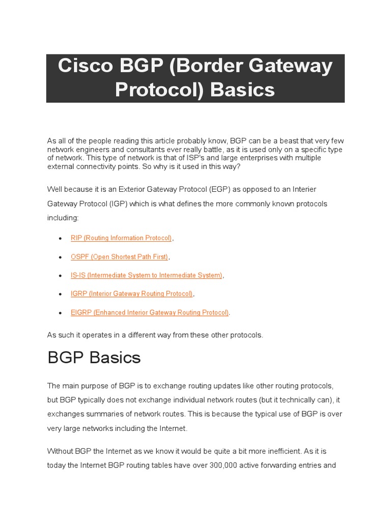 Cisco BGP (Border Gateway Protocol) Basics | PDF | Routing | Communications Protocols