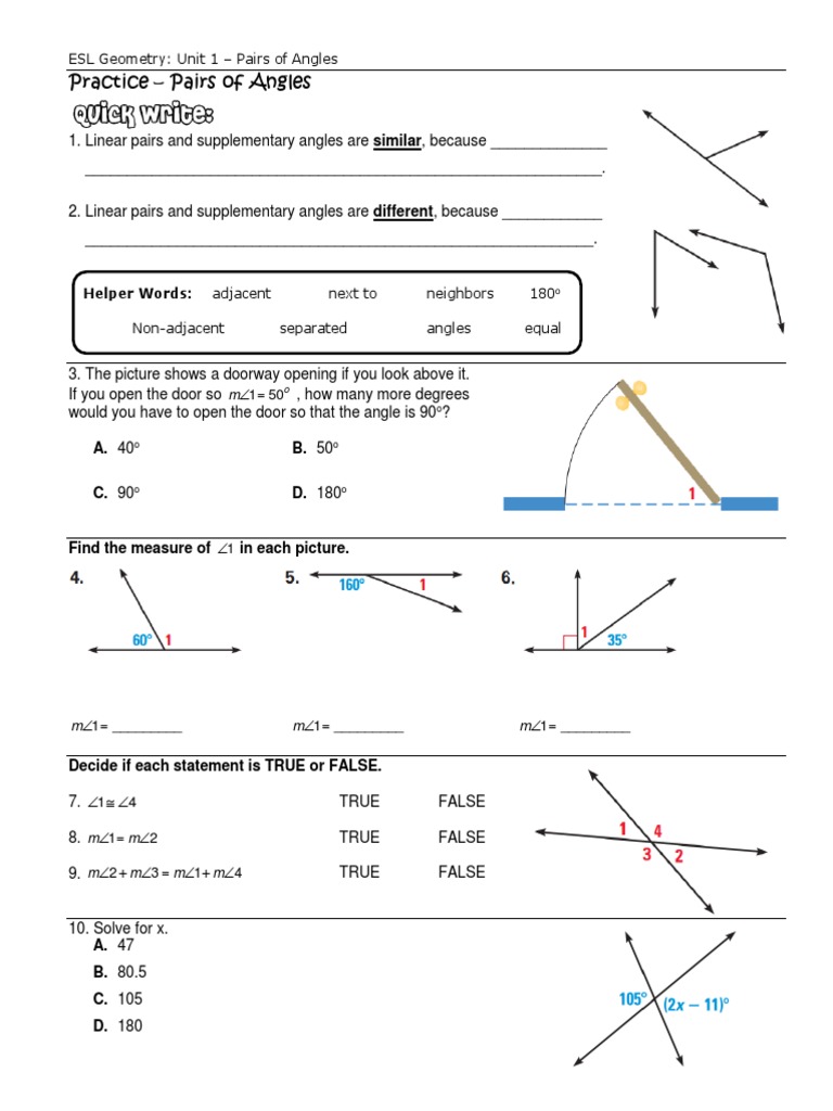 ESL Geometry Angle Practice | PDF | Career & Growth | Language Arts ...