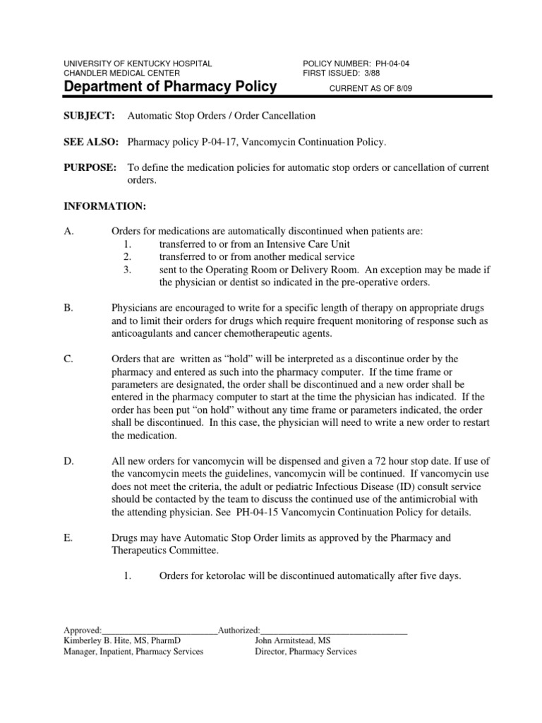 Automatic Stop Order Univ Kentucky hospitalPH04-04 PDF | PDF