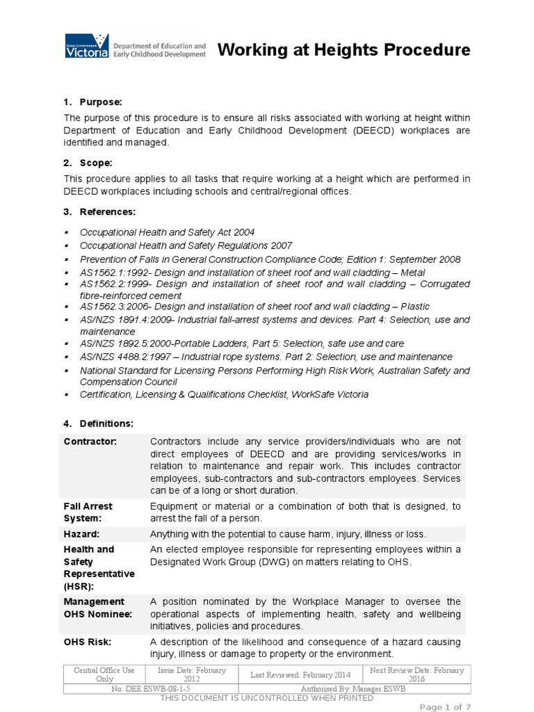 Work Height Procedure | PDF | Occupational Safety And Health | Safety