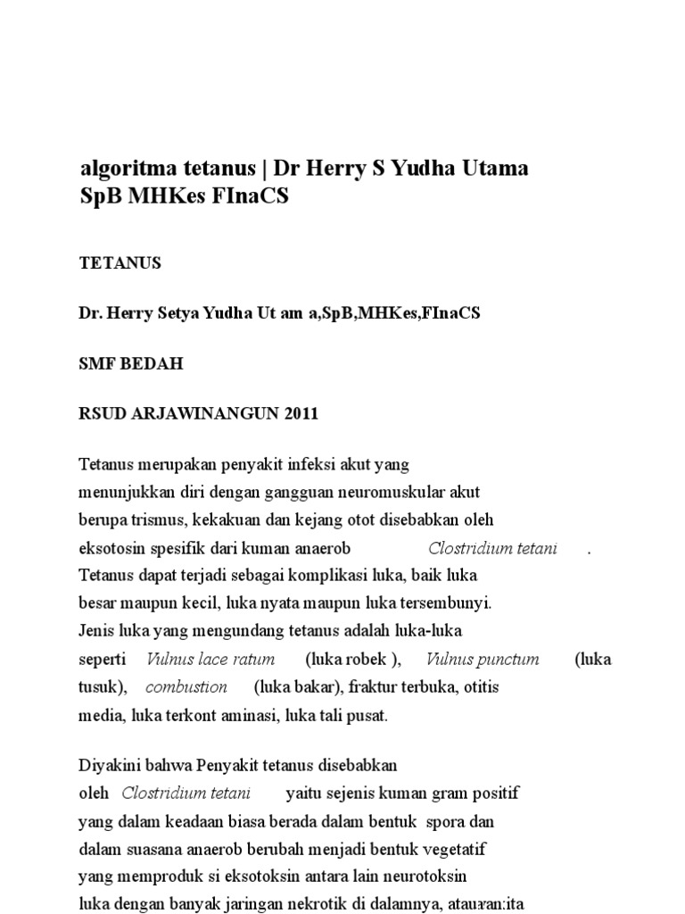 Algoritma Tetanus - DR Herry S Yudha Utama SPB MHKes FInaCS | PDF
