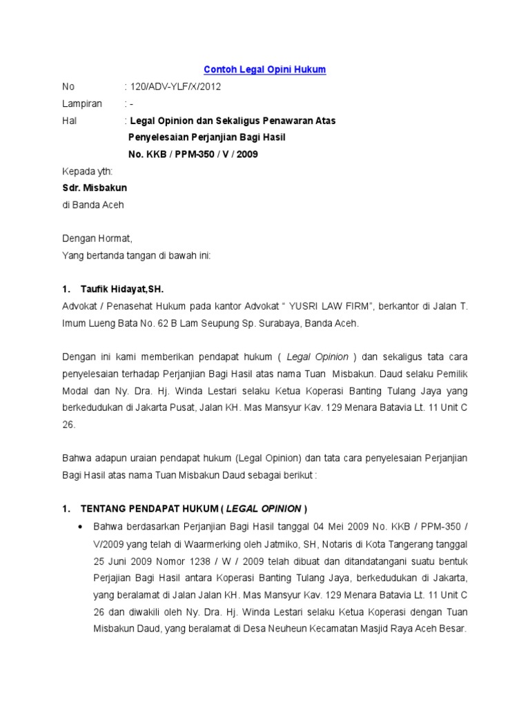 Contoh Legal Opinion Perjanjian Bagi Hasil | PDF | Bisnis | Pengelolaan ...
