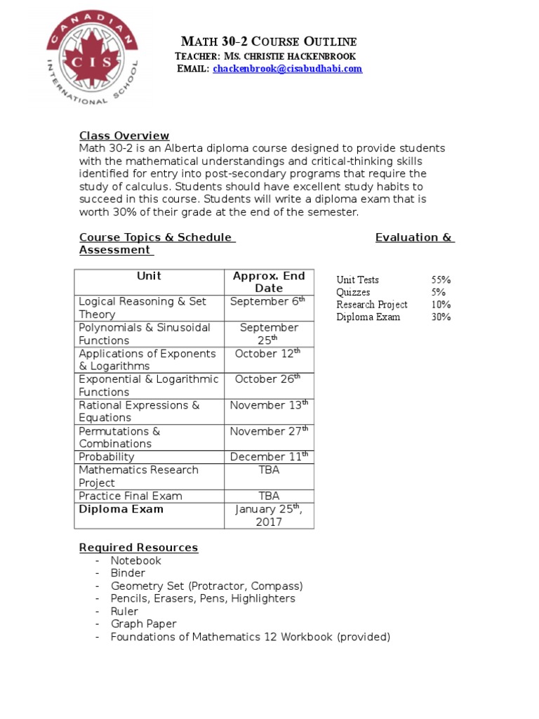 Math 30-2 Course Outline | PDF | Test (Assessment) | Logarithm
