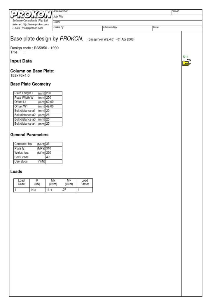 Base Plate Design by PROKON.: Input Data | PDF | Mechanical Engineering