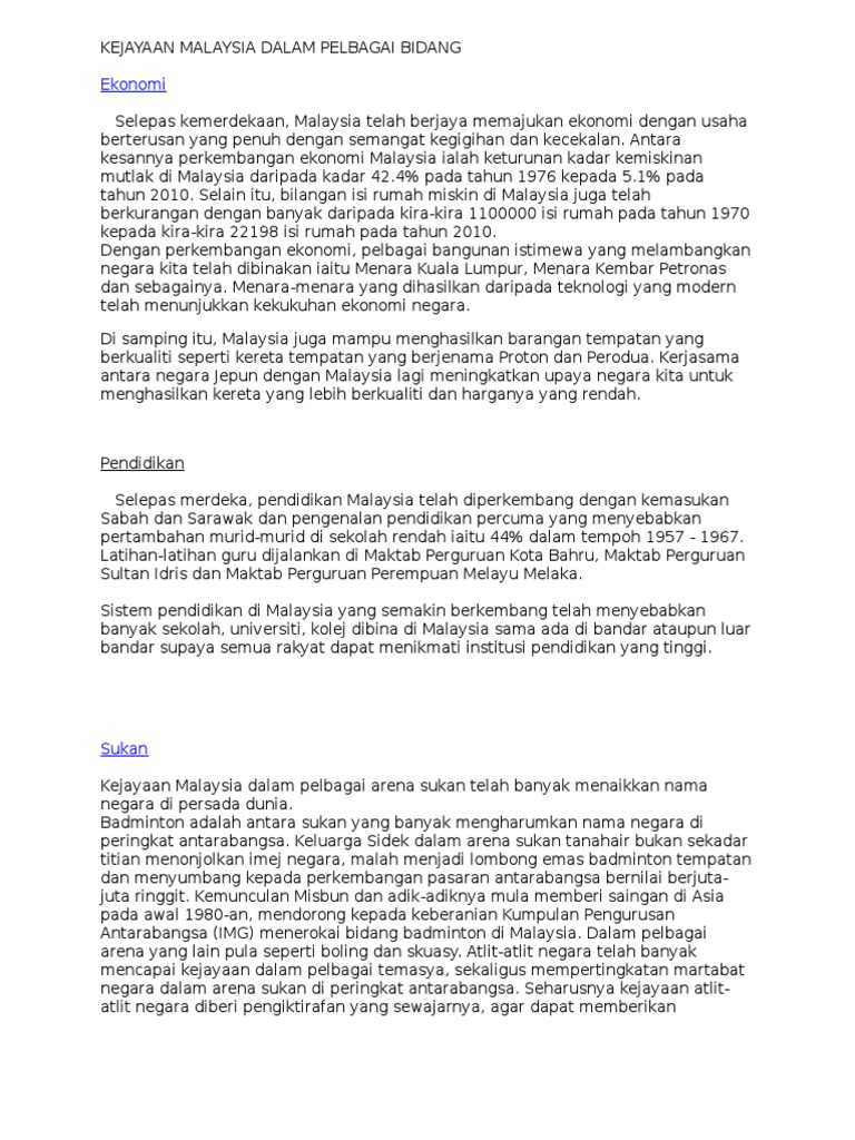 Kejayaan Malaysia Dalam Pelbagai Bidang | PDF