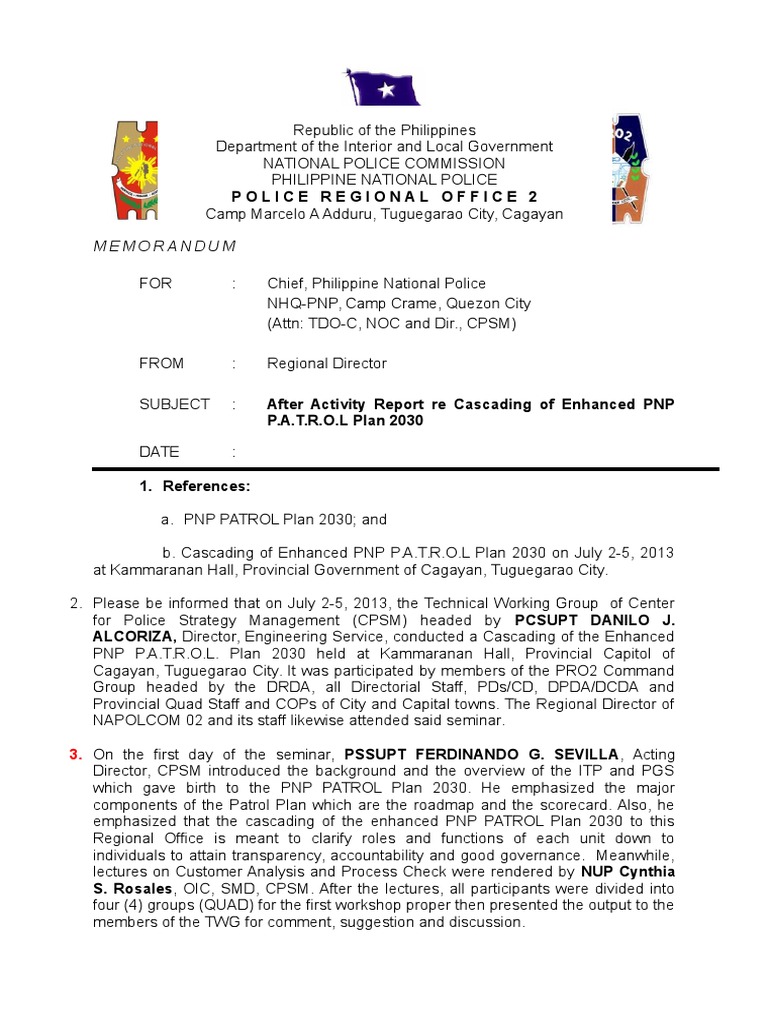 After Activity Report Re PNP P.a.T.R.O.L Plan 2030 | Philippines ...