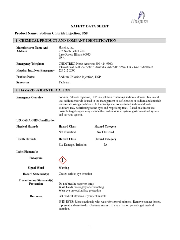 SDS Sodium Chloride Injection Concentrate 060214 Tcm81-95543 | PDF ...