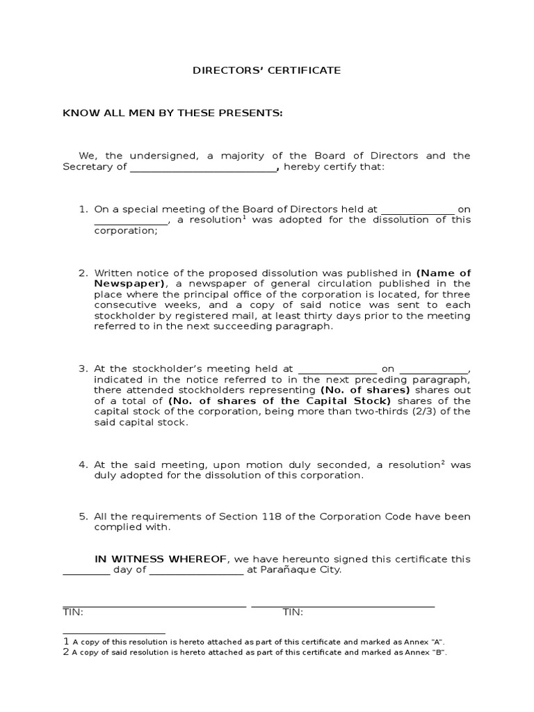 Director's Certificate - Template | PDF