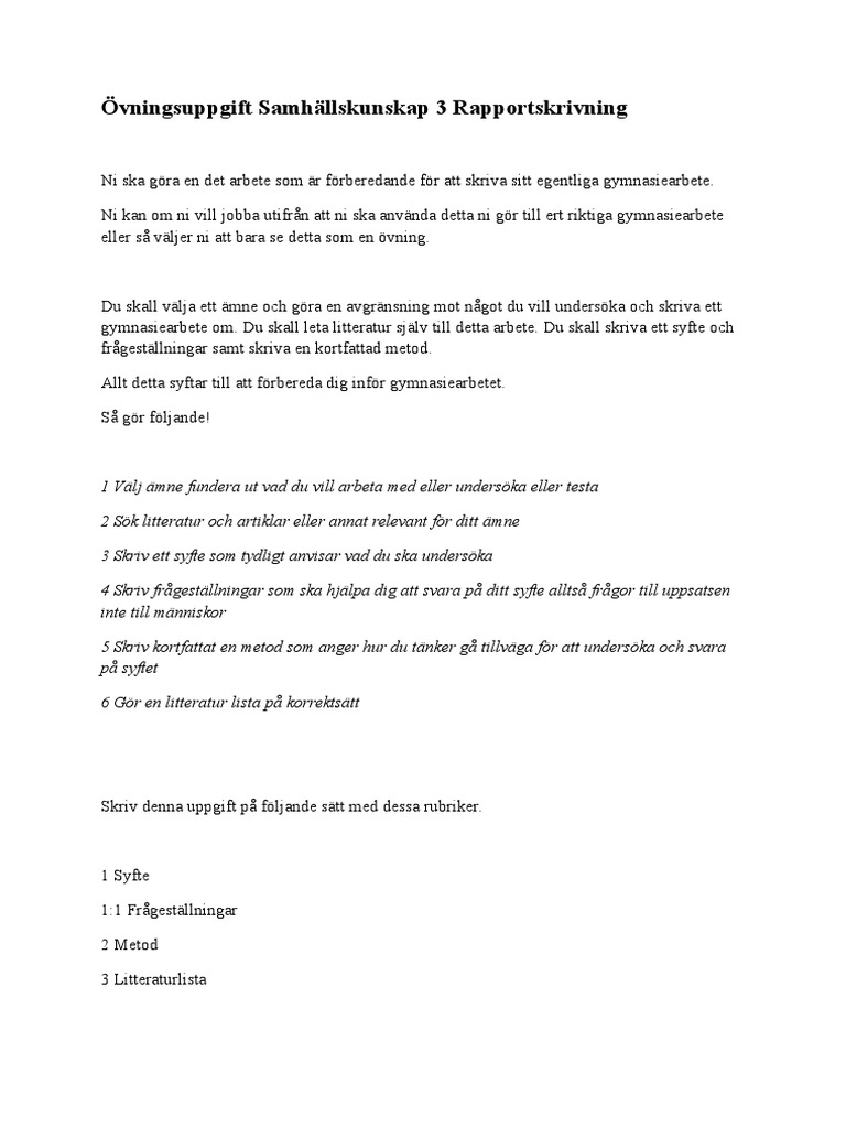 Övningsuppgift Samhällskunskap 3 Rapportskrivning | PDF