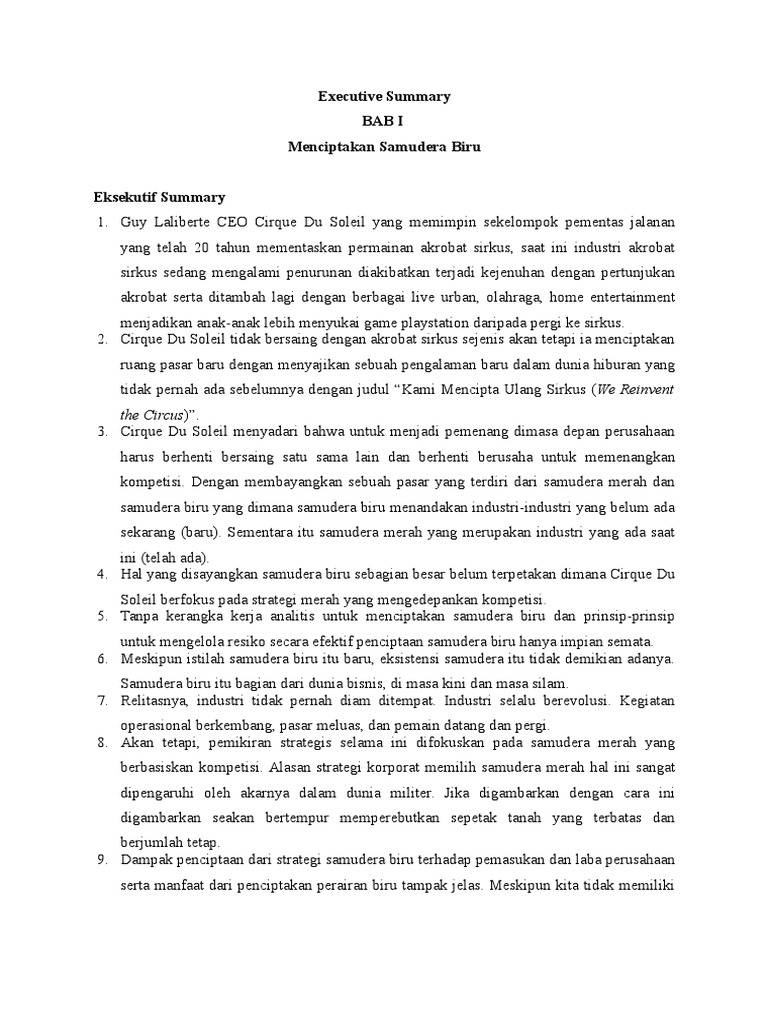 Executive Summary Bab 1 Dan 2 Blueocean | PDF