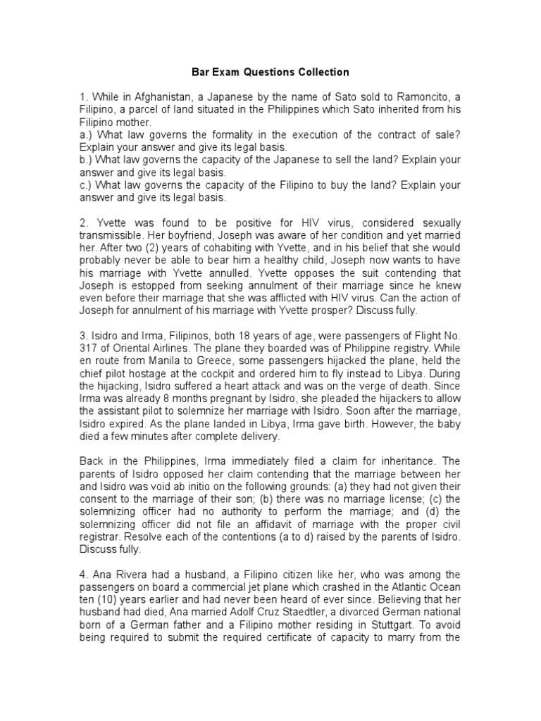 Bar Exam Questions Collection | PDF | Annulment | Marriage License