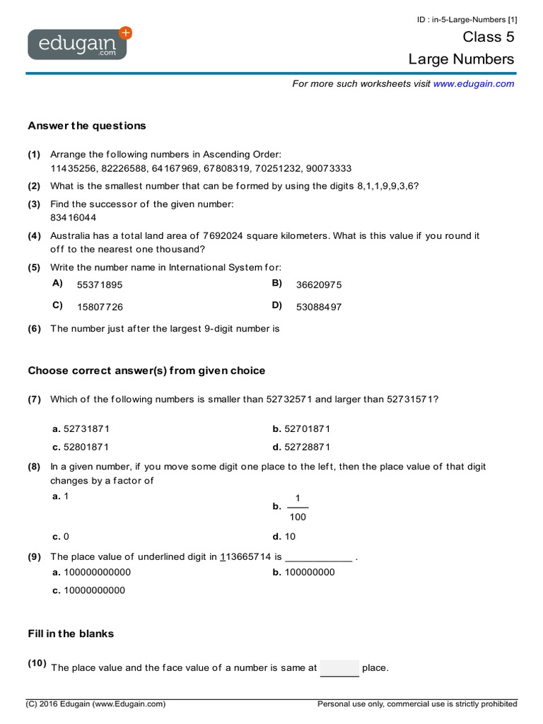 Grade 5 Large Numbers in | Download Free PDF | Teaching Mathematics ...