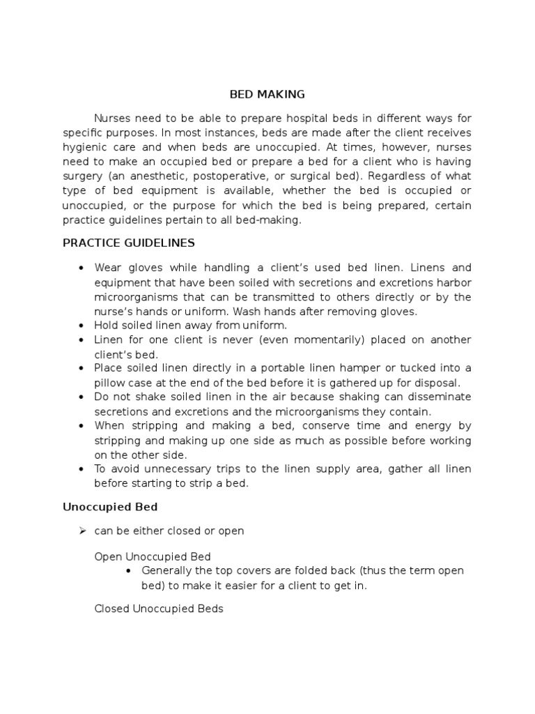 Bed Making Procedures | PDF | Bed | Bedding