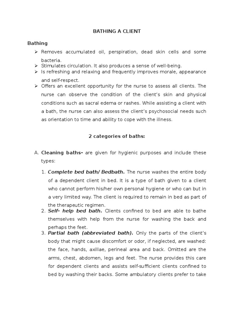 Bathing A Client Procedure | PDF | Bathing | Hygiene
