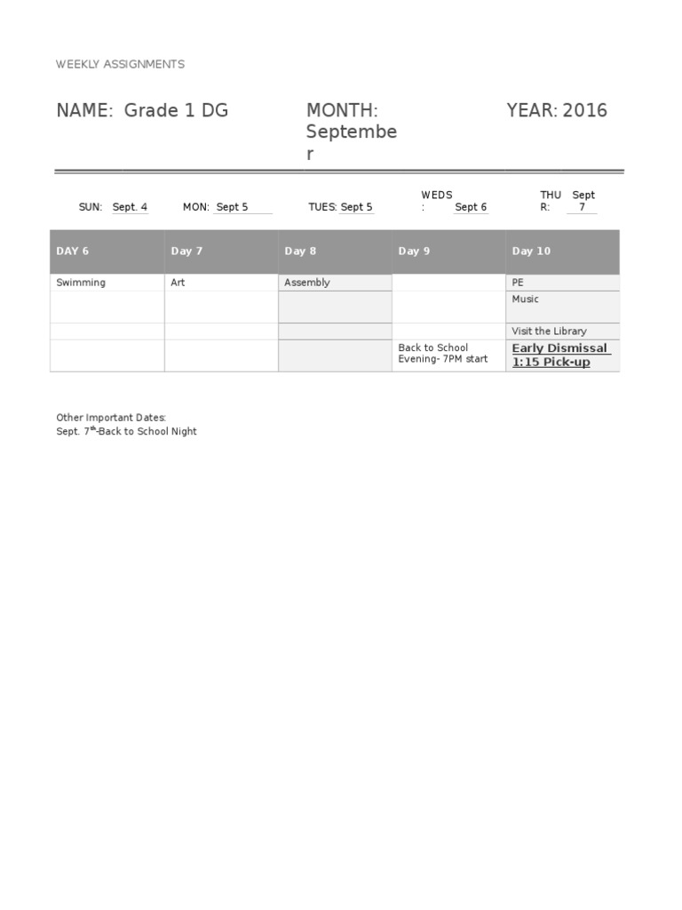 Grade 1 Weekly Schedule | PDF