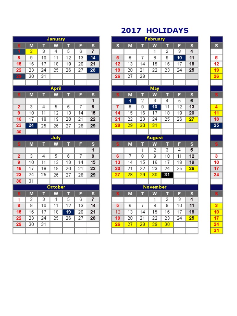 2017 Holidays: January February March | PDF