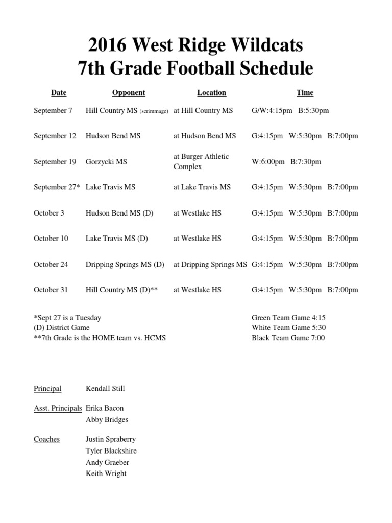 2016 Wrms 7th Football Schedule | PDF