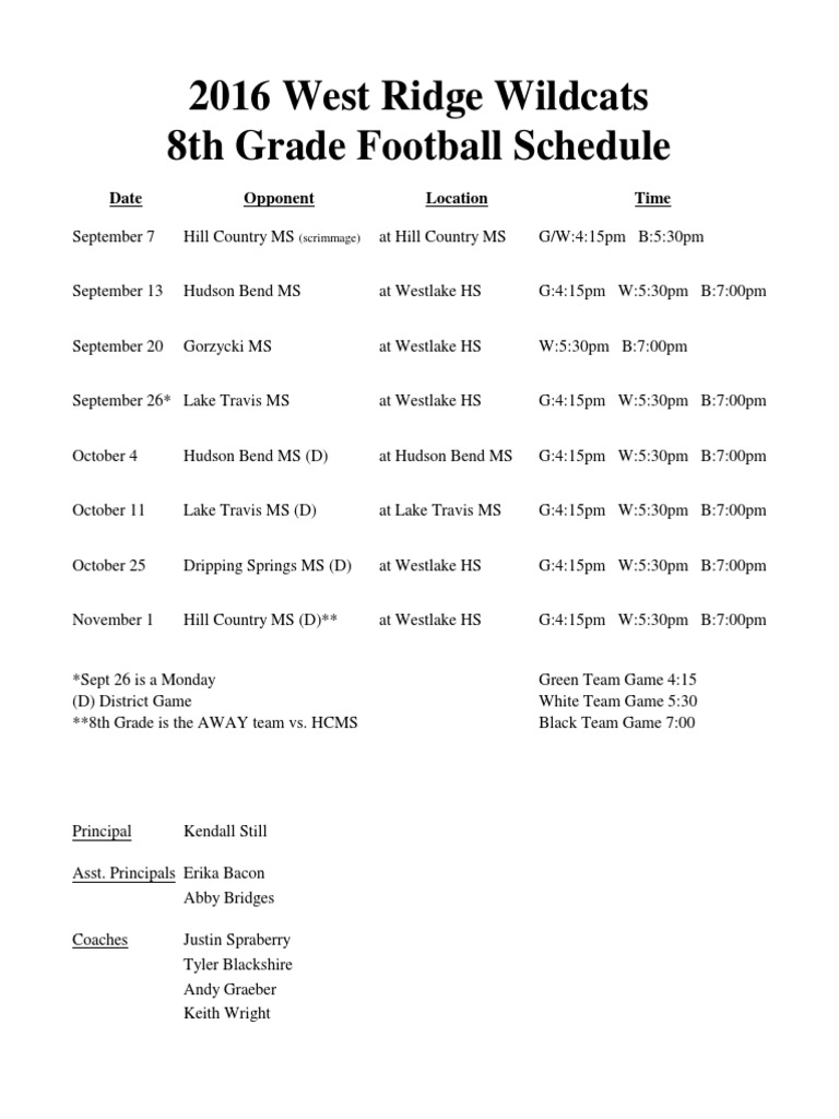 2016 Wrms 8th Football Schedule | PDF