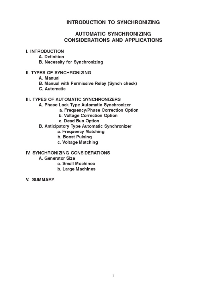 Introduction To Synchronizing - Automatic Synchronizing - Considerations and Applications ...
