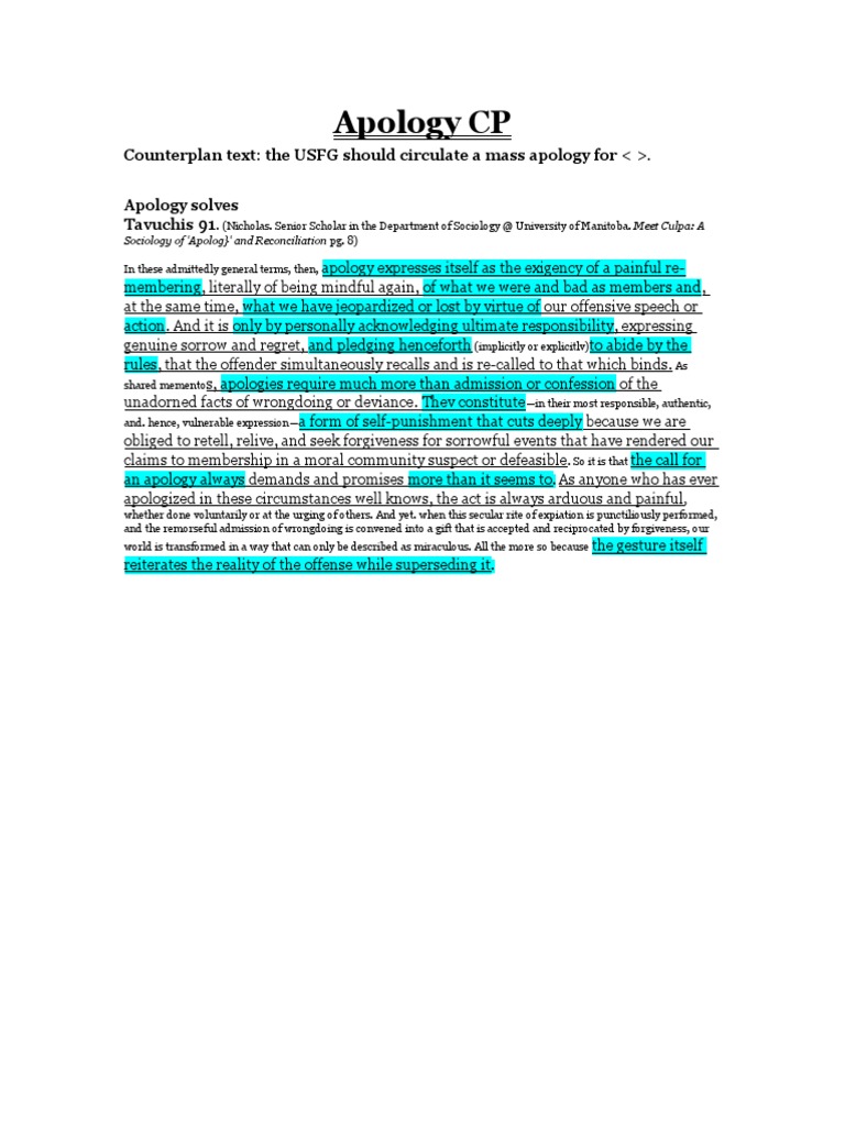 Apology CP: Counterplan Text: The USFG Should Circulate A Mass Apology ...