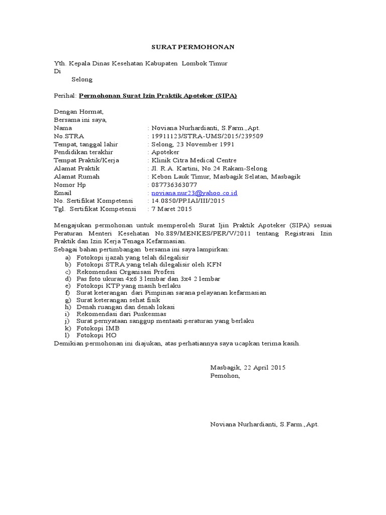 Permohonan SIPA Noviana Nurhardianti | PDF
