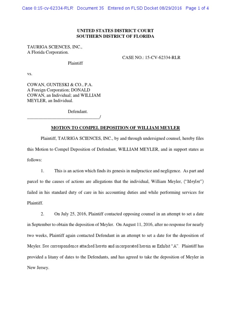 MOTION TO COMPEL DEPOSITION OF WILLIAM MEYLER | Deposition (Law) | Government Information