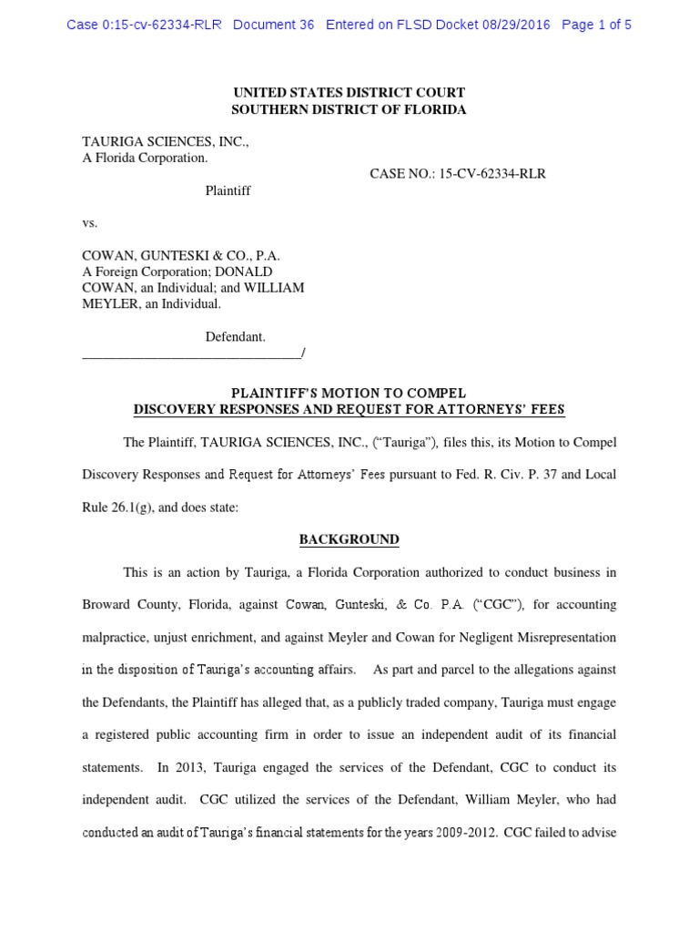 PLAINTIFF’S MOTION TO COMPEL DISCOVERY RESPONSES AND REQUEST FOR ...