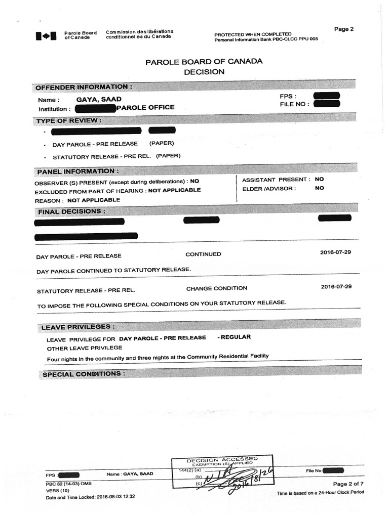 Parole Board of Canada Decision Offenderinformation: Name: Fps | PDF ...