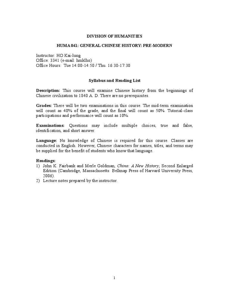 Division of Humanities Huma 041: General Chinese History: Pre-Modern ...