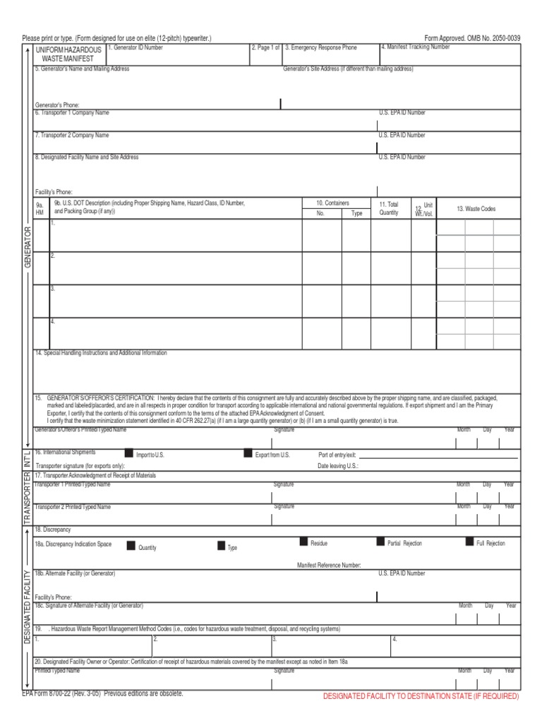 Fillable PDF EPA Hazardous Waste Manifest Front Page Template, EPA Form ...