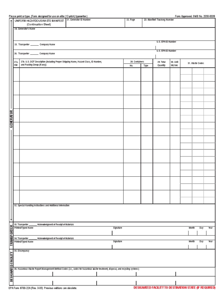 Fillable PDF EPA Hazardous Waste Manifest Continuation Sheet Template ...