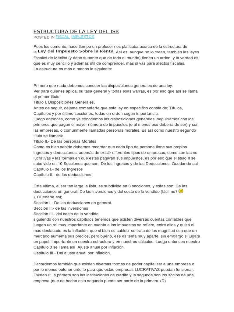 ESTRUCTURA DE LA LEY DEL ISR.docx | Impuesto sobre la renta | Impuestos