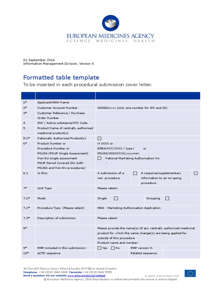 Formatted Table Template: To Be Inserted in Each Procedural Submission ...