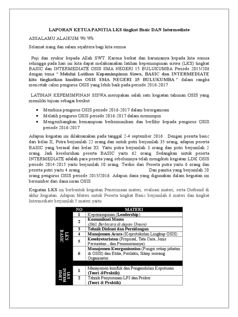Laporan Ketua Panitia LDK Dan Intermediate | PDF | Pengembangan Diri