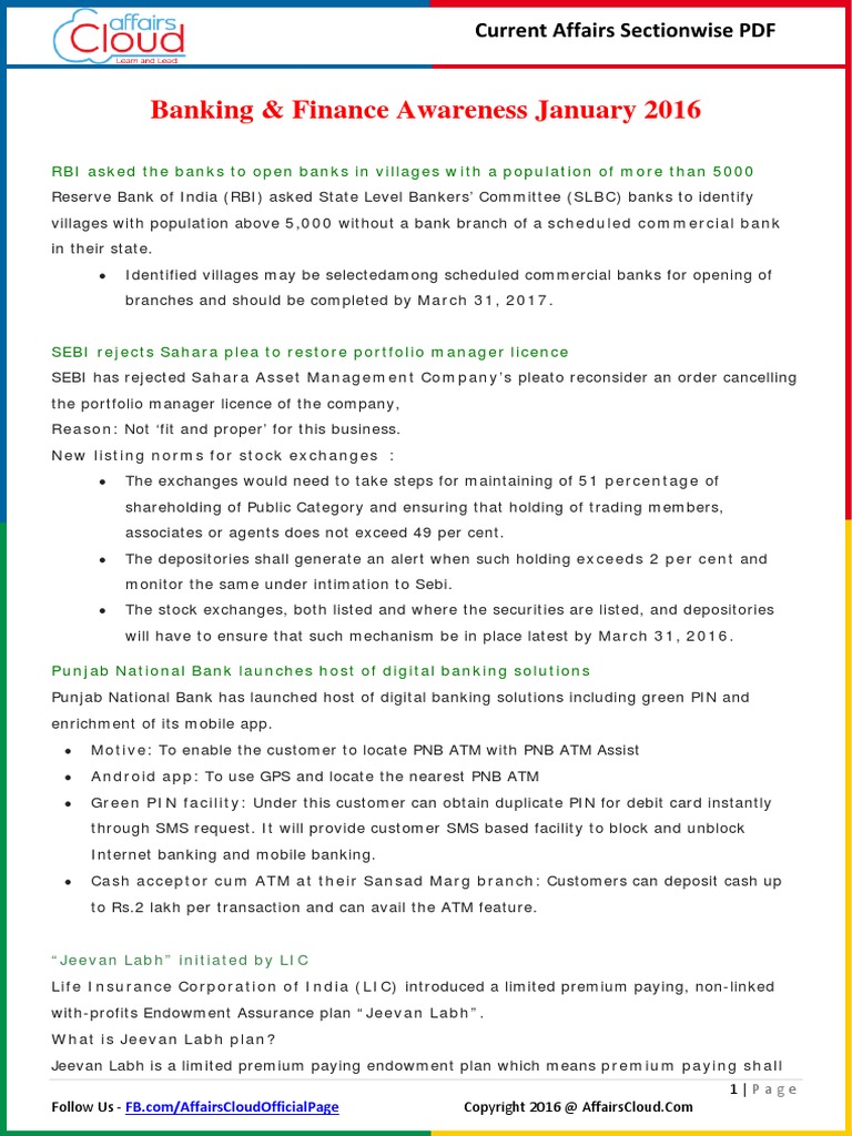 Banking & Finance Awareness 2016 (Jan-July) | PDF | Reserve Bank Of ...