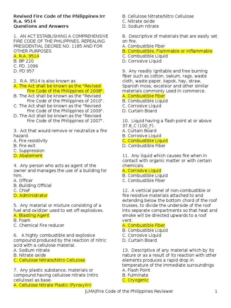 Revised Fire Code of The Philippines Irr R.A. 9514 Questions and ...