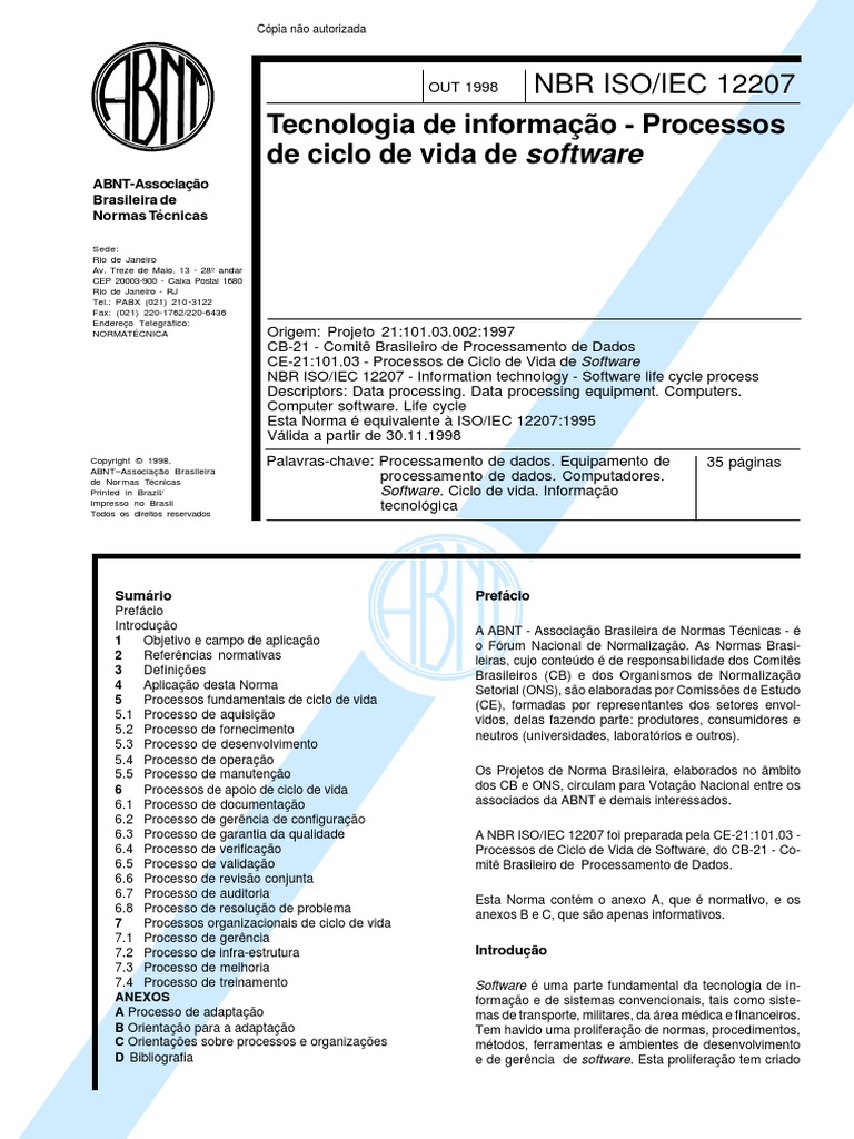 NBR Iso 12207 PDF | Download grátis PDF | Padronização | Programas