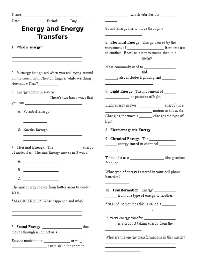 Energy, Energy Transfer and Heat Notes and Activities | PDF | Matter ...