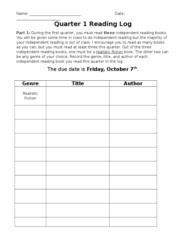Quarter 1 Reading Log Instructions | PDF | Language Arts & Discipline ...