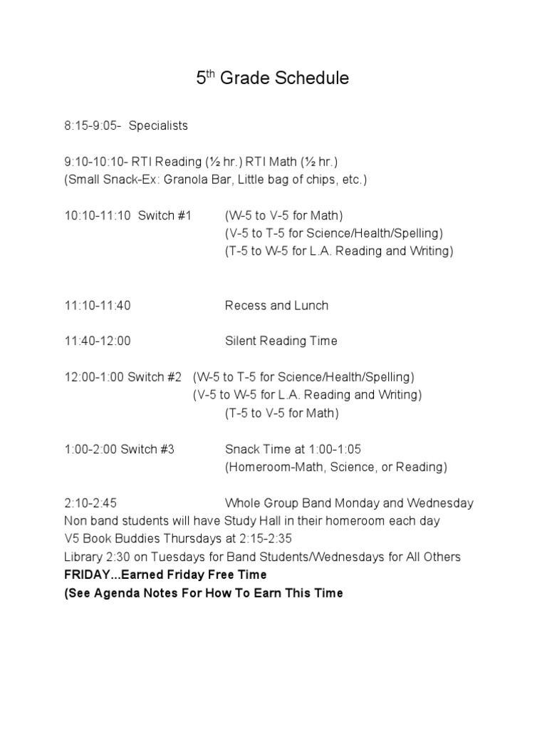 5th Grade Daily Schedule Overview | PDF