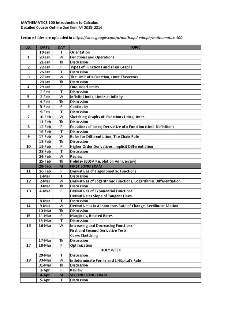 Math 100 Detailed Course Outline | PDF | Derivative | Exponential Function