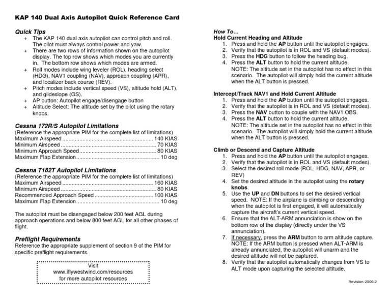 KAP140 Autopilot Quick Reference Card | PDF | Spaceflight Technologies ...